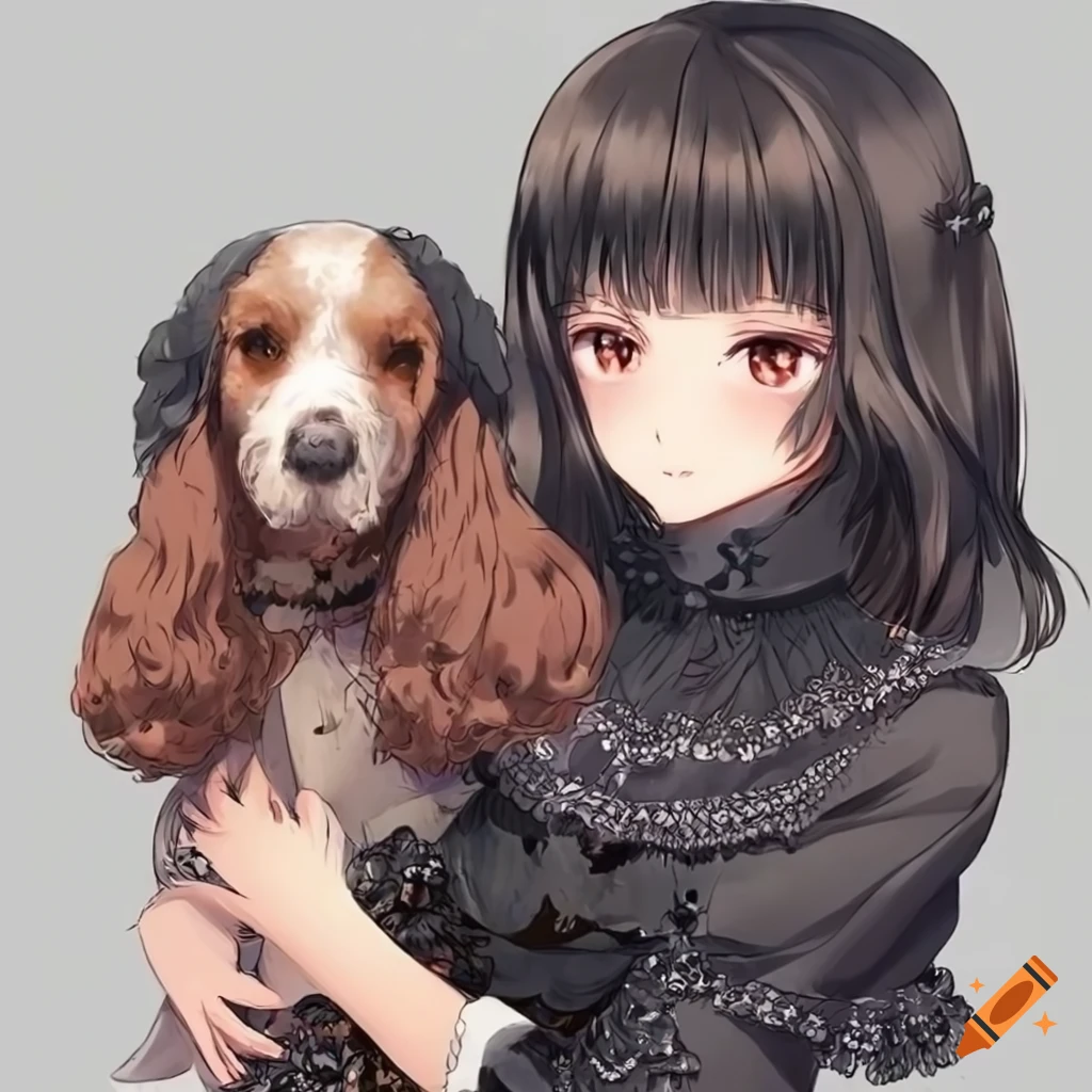 Anime girl with long black hair in victorian attire with two cocker ...