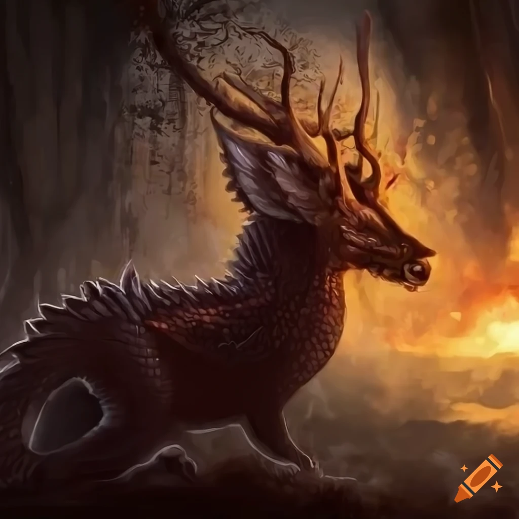 Artistic depiction of a mythical creature with deer and dragon elements on Craiyon