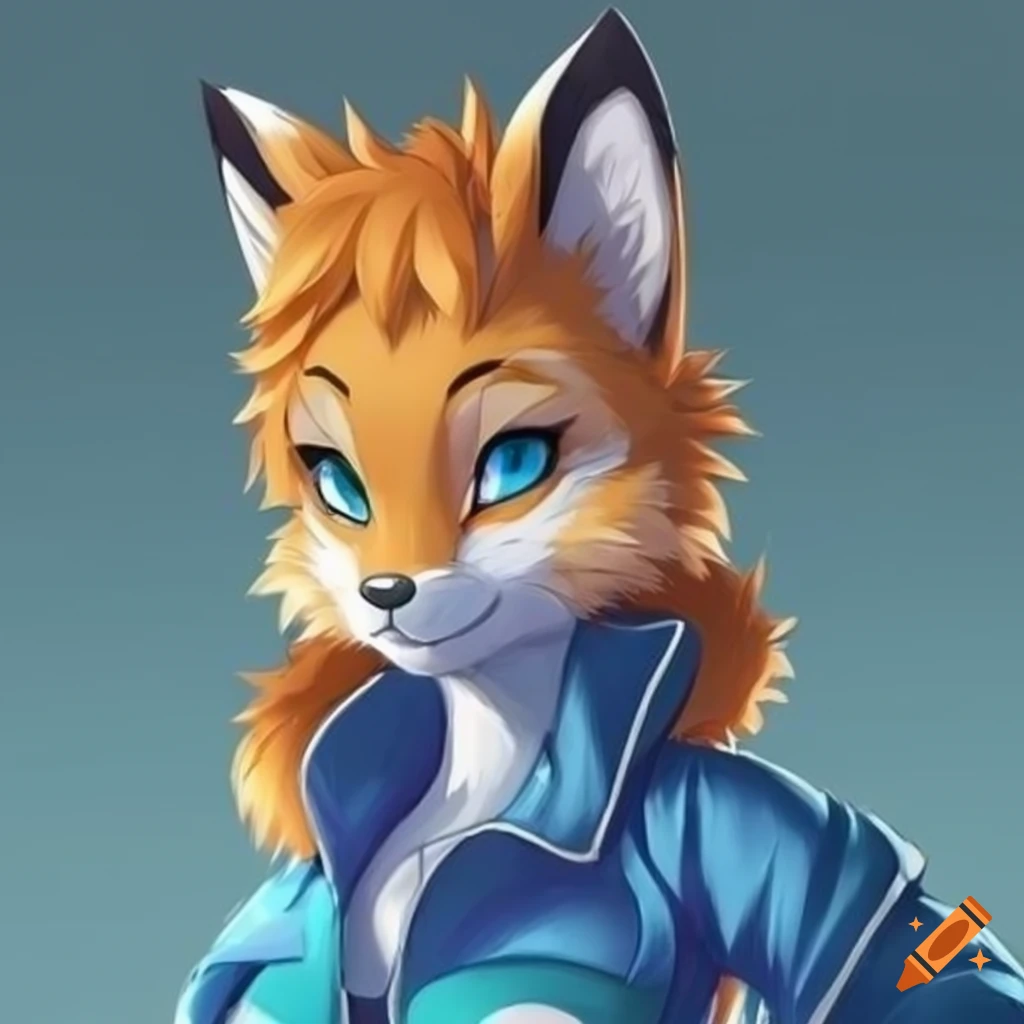 Portrait of a fluffy orange fox with blue eyes