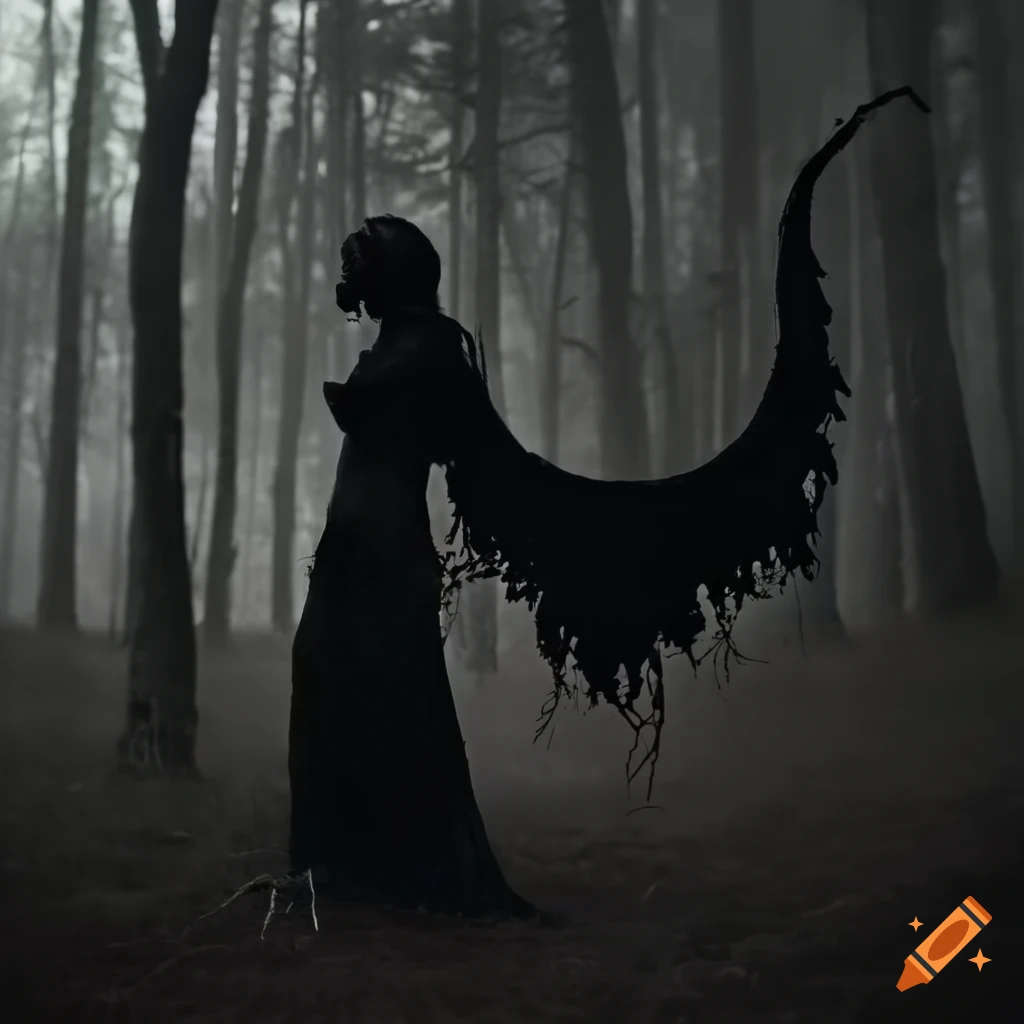 Silhouette of a monstrous entity in a macabre forest on Craiyon