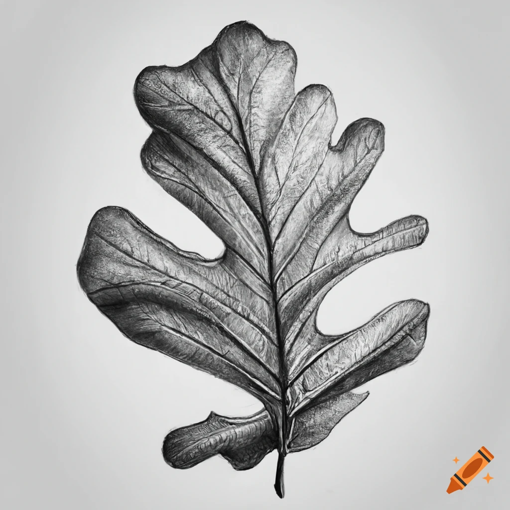 Black and white pencil sketch of an oak leaf on Craiyon