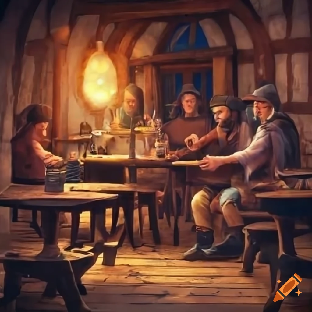 Image of a medieval pub with people sitting at tables on Craiyon