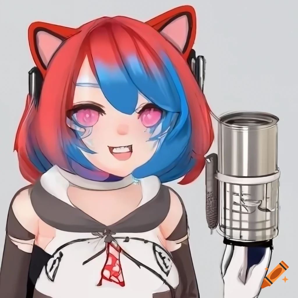 Cat vtuber with red and blue hair holding tin can microphone on Craiyon