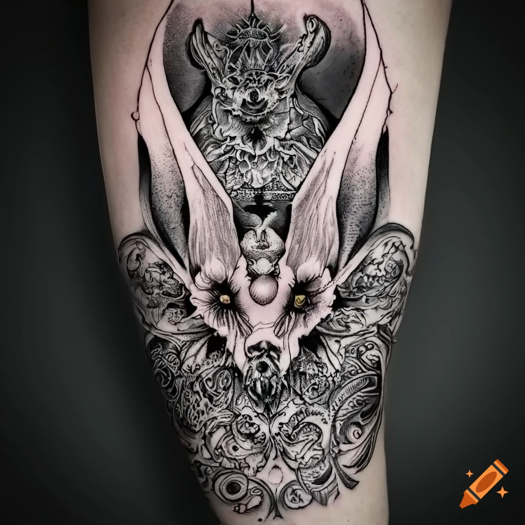 Intricate tattoo design of a mystical bat on Craiyon