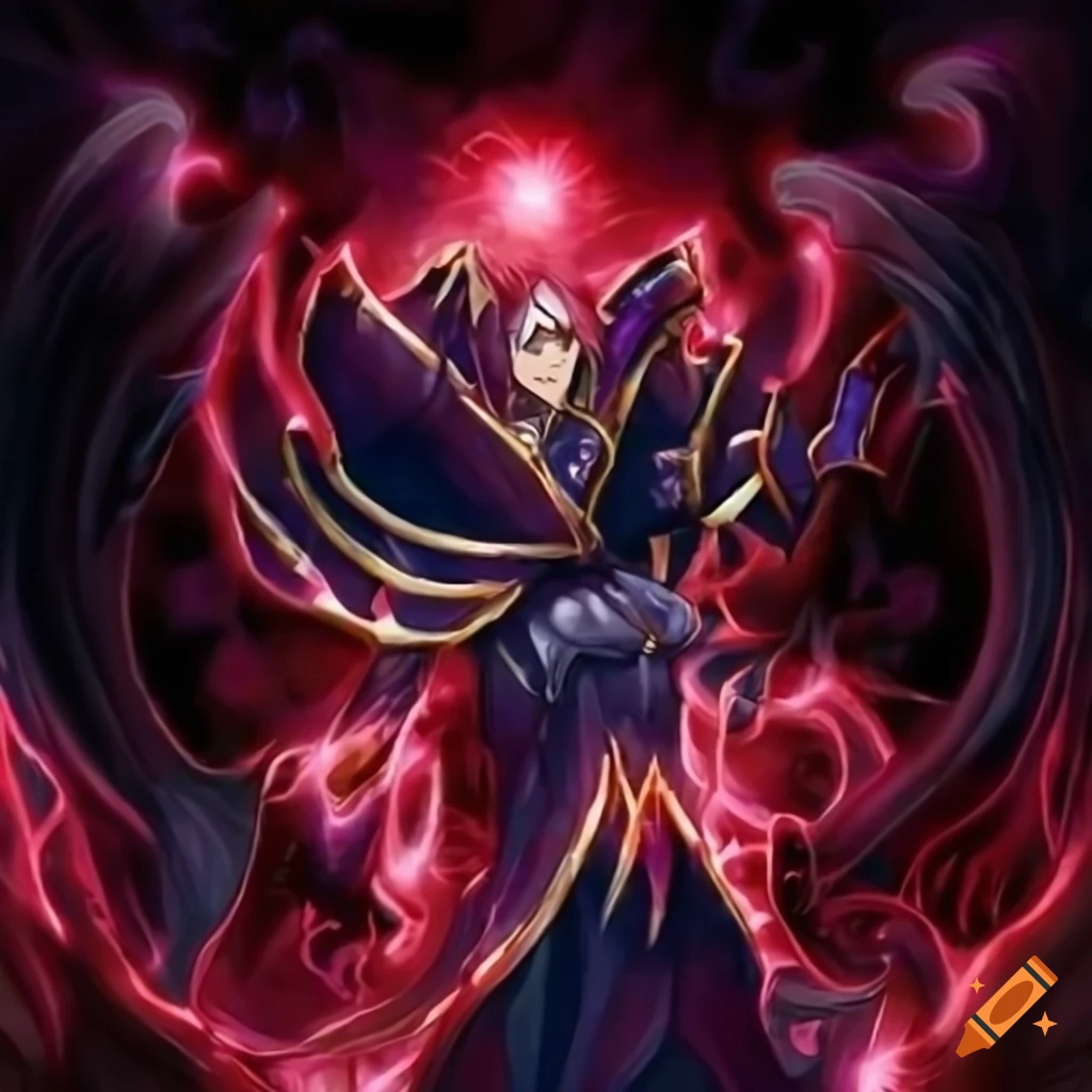 Dark magician with red magic effects in yugioh style on Craiyon