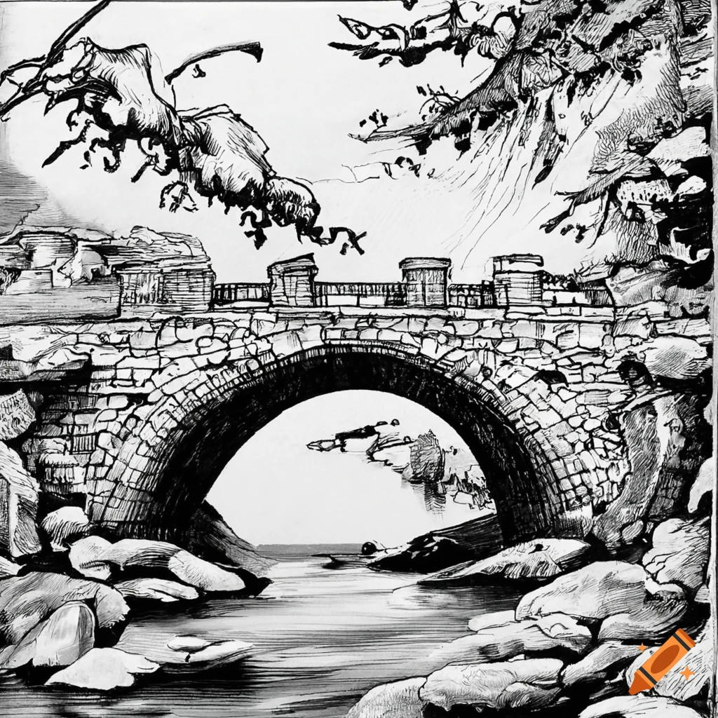 Black and white pen and ink drawing of a medieval stone bridge on Craiyon