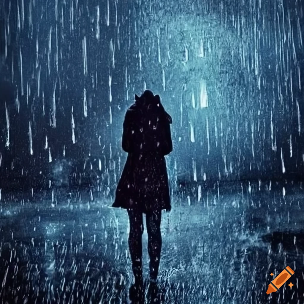 Abstract representation of a woman walking in the rain at night on Craiyon