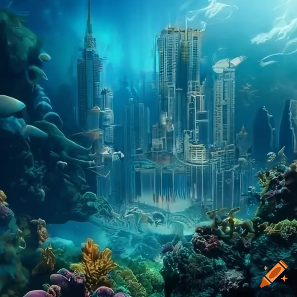 Close-up view of a dystopian underwater metropolis surrounded by a ...