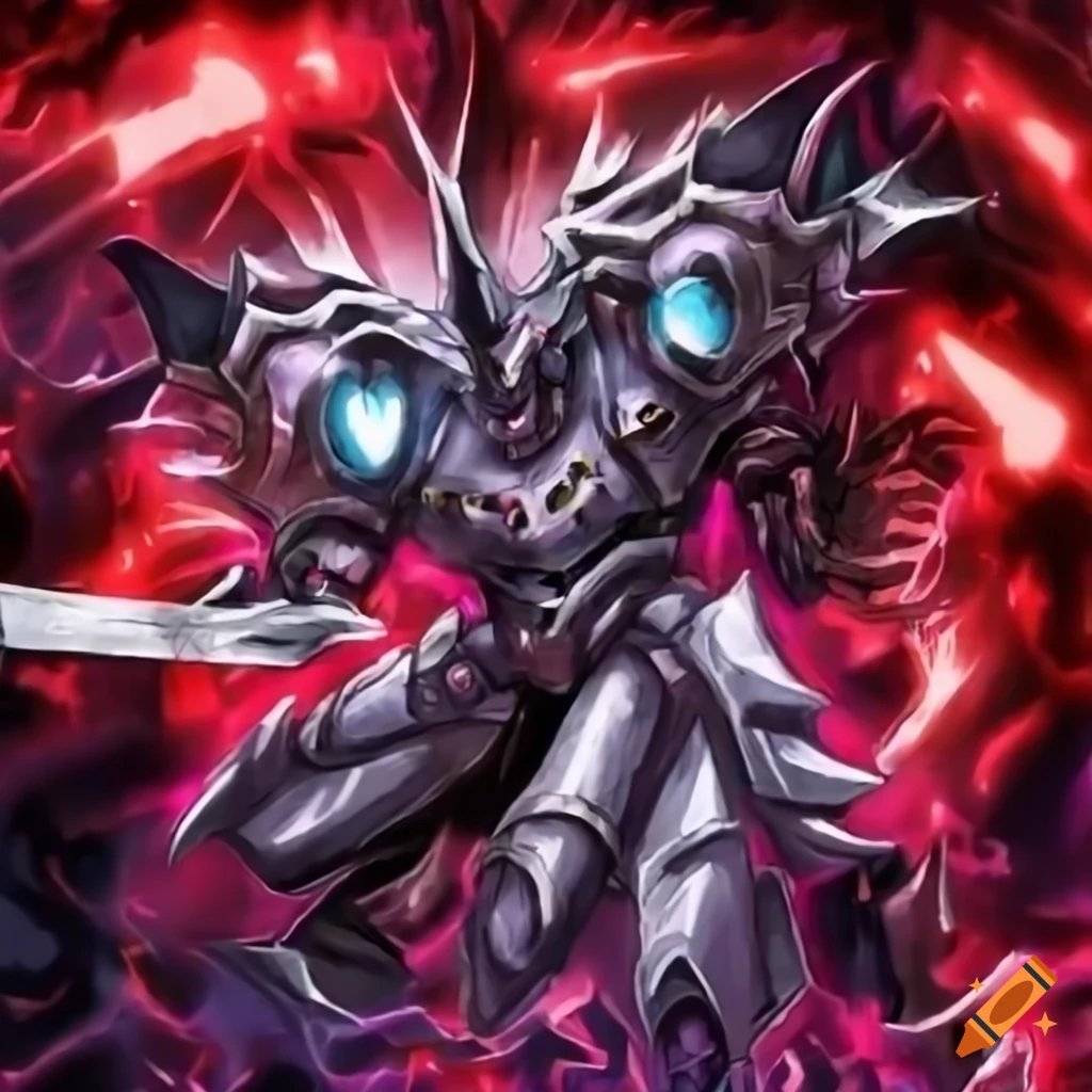 Yugioh style artwork of a powerful warrior with a sword and red magic ...