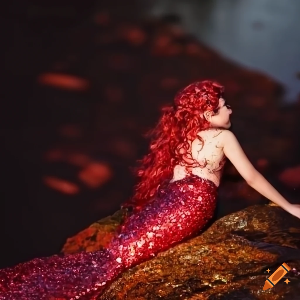 Close-up of a mermaid in red sequins by a river on Craiyon