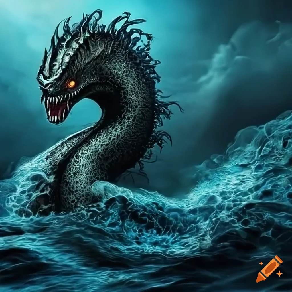 Illustration of a sea monster emerging from the sea on Craiyon