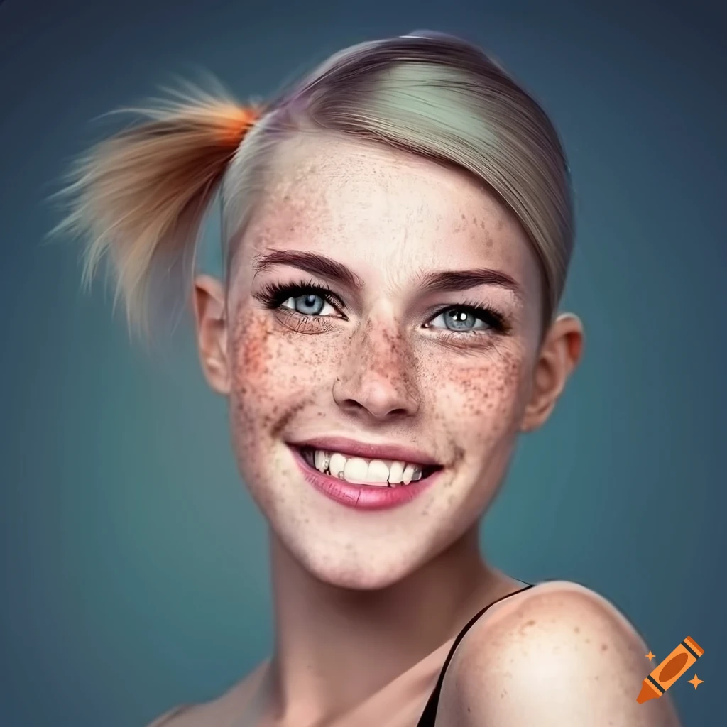 Portrait Of A Beautiful Young Woman With Freckles And Blonde Hair On