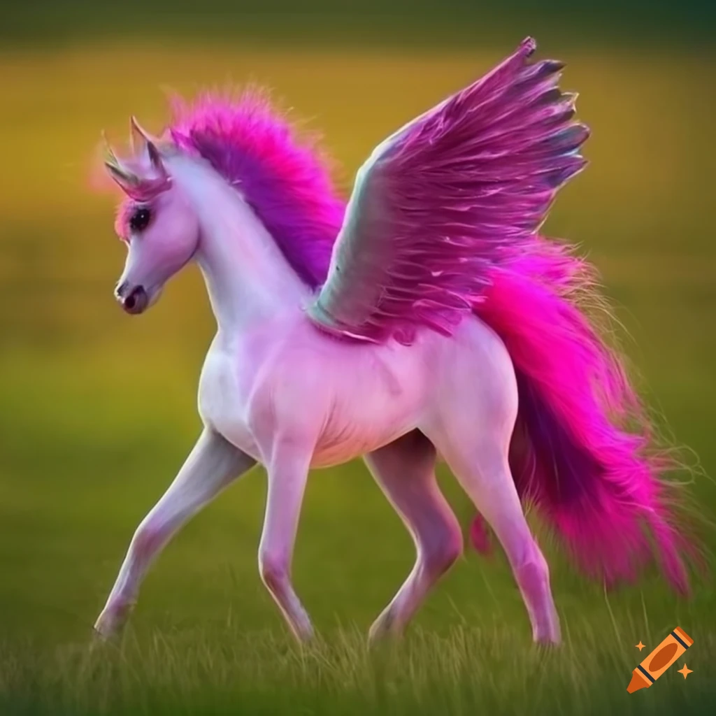 Hot pink Pegasus in a sunny field on Craiyon