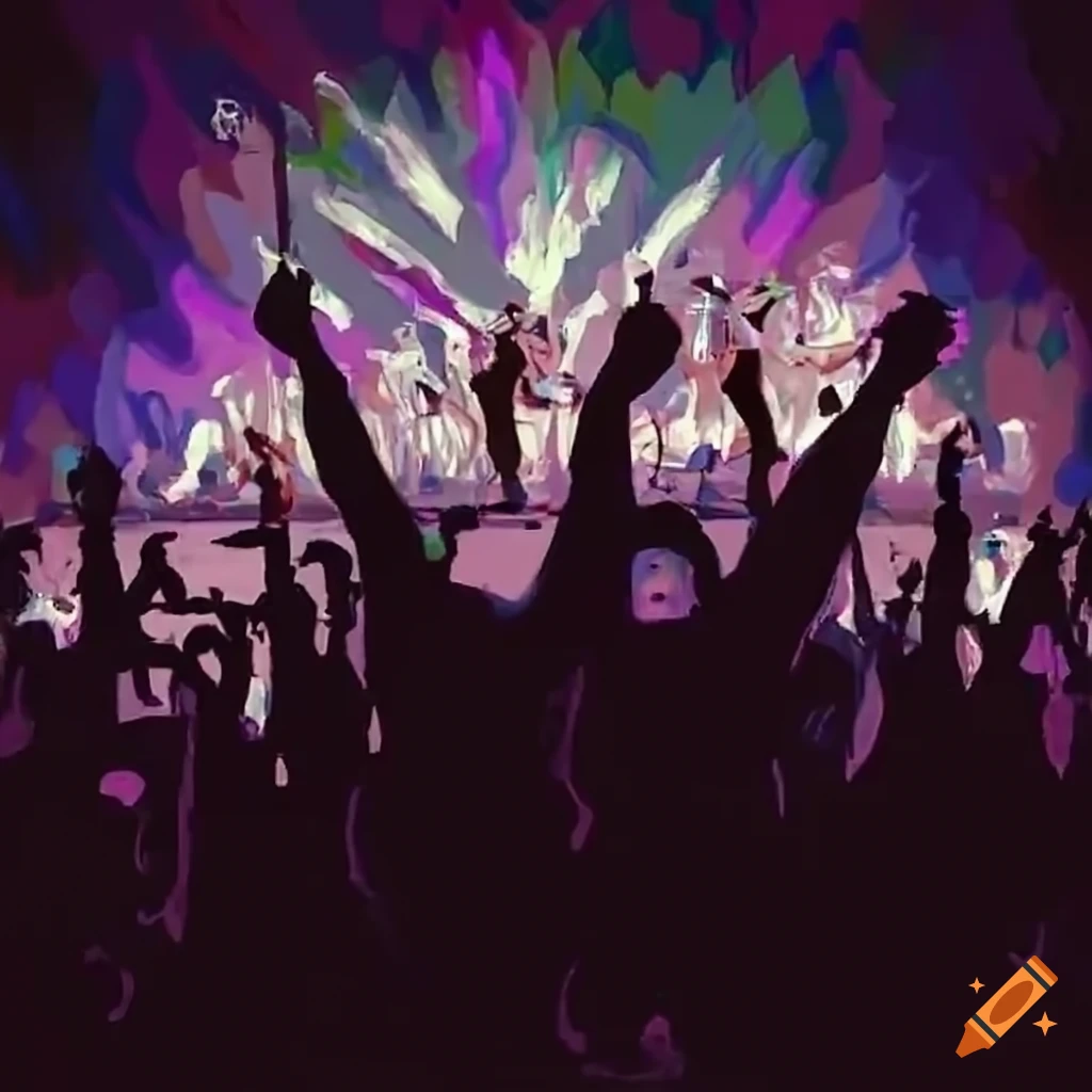 Crowd of metalheads headbanging at a concert on Craiyon