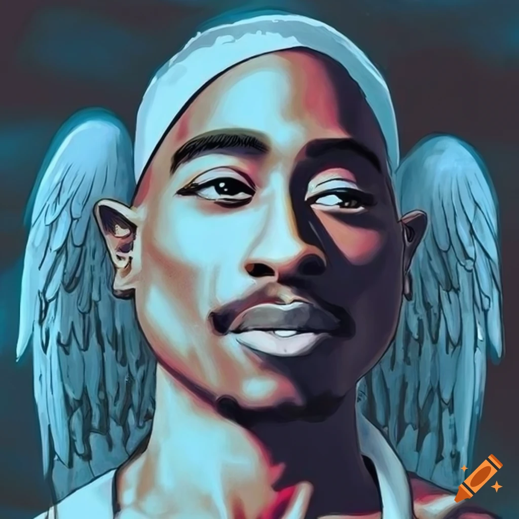 Artwork of tupac shakur as an angel on a black background on Craiyon