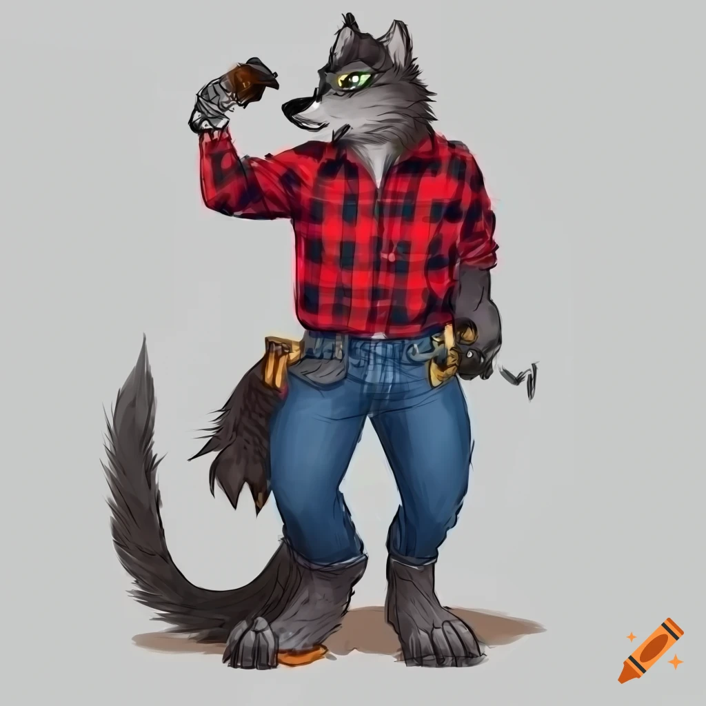 Anthro wolf construction worker in red plaid shirt and tool belt on Craiyon