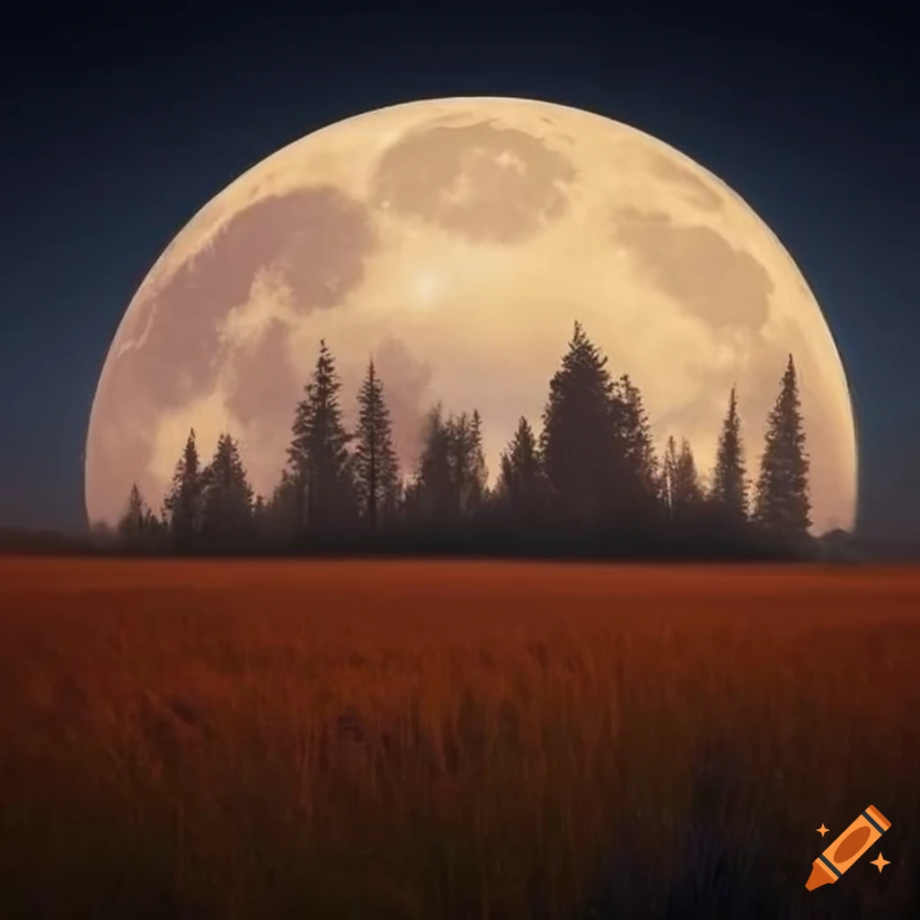 Nighttime meadow with full moon and stars