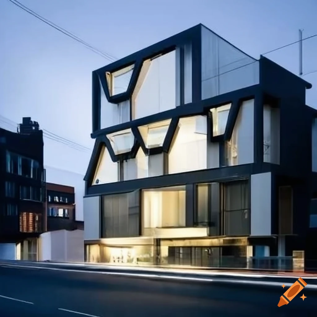 Sleek and modern three-story building on Craiyon