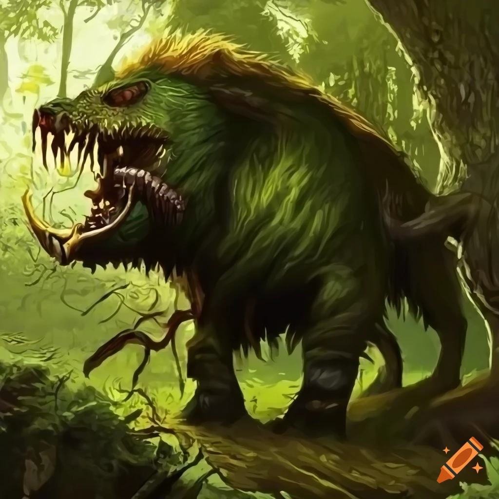 Illustration of a green boar beast in a magical forest on Craiyon
