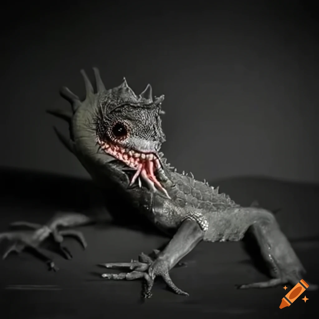 Imagen de una criatura reptiloide en un poligono industrial on Craiyon