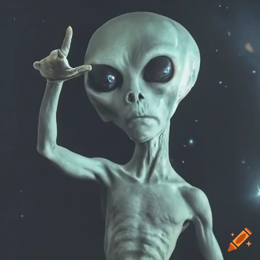 Funny depiction of a tiny man with a giant alien in outer space on Craiyon