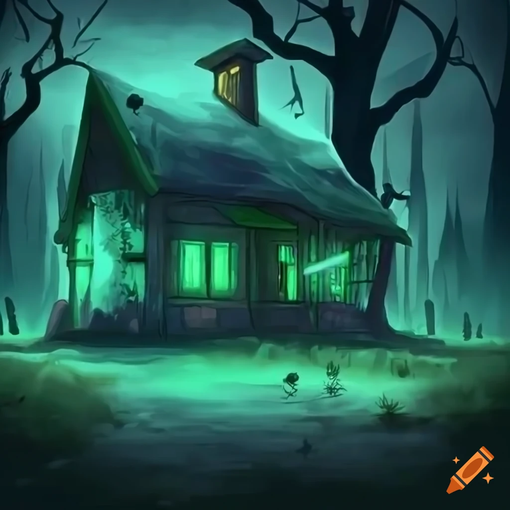 Anime style haunted cottage in a forest at night on Craiyon