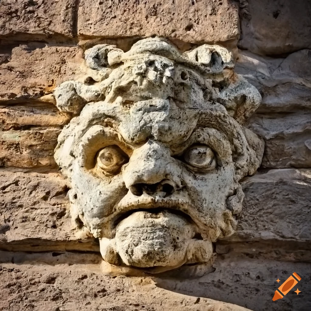 Grotesque stone face on a wall on Craiyon