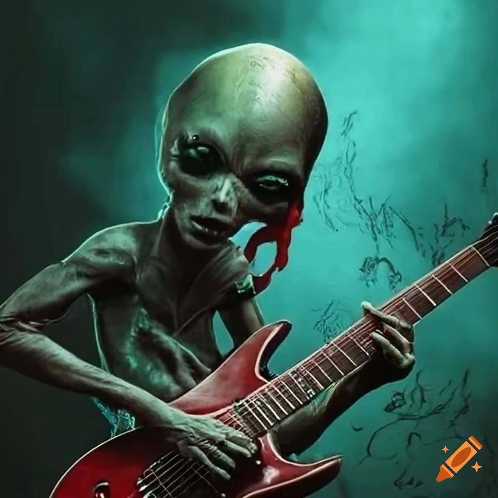 Album cover featuring an alien playing guitar on Craiyon