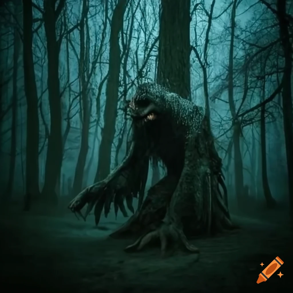 Image of a scary mystical monster in a dark forest on Craiyon