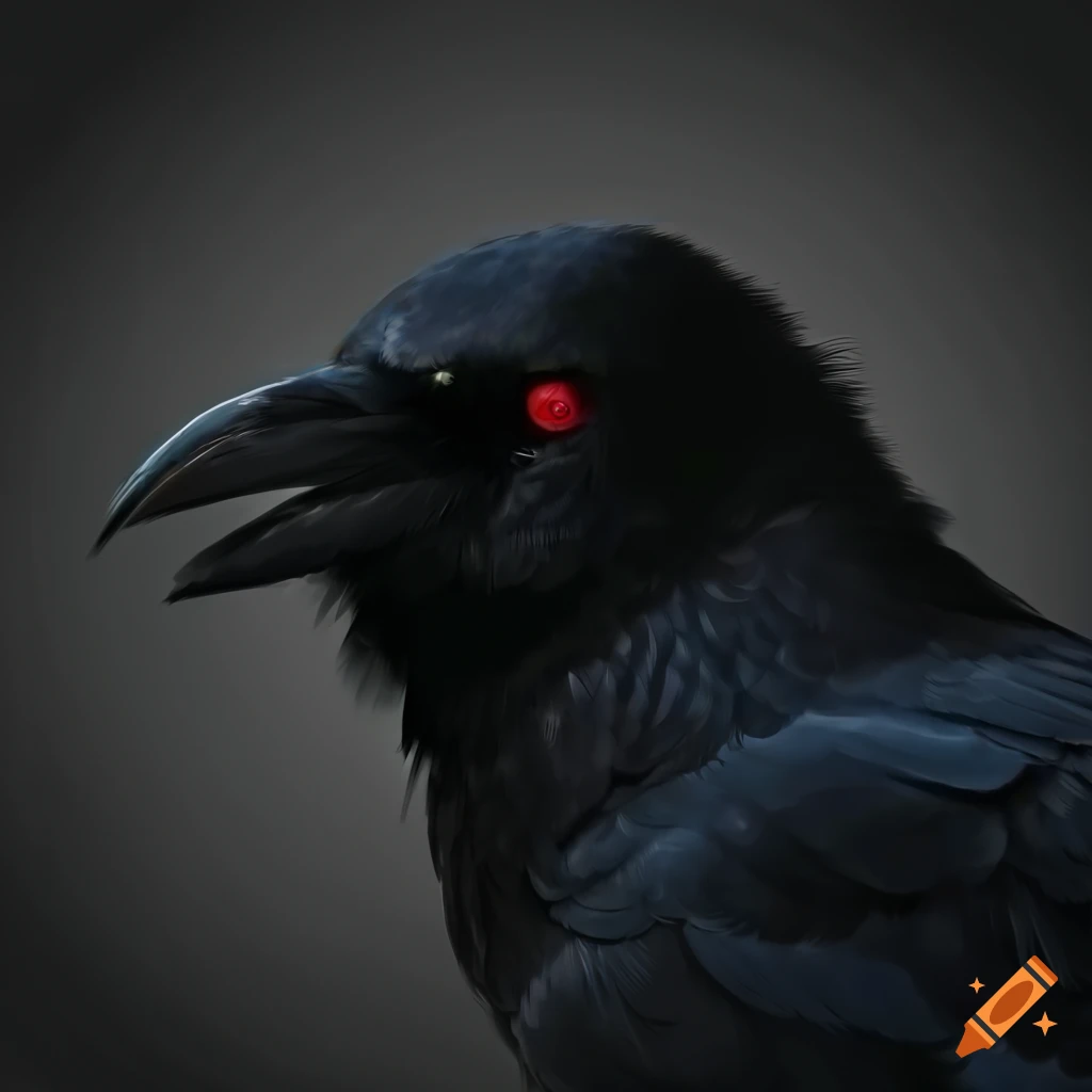 Black raven with glowing red eyes on dark background on Craiyon