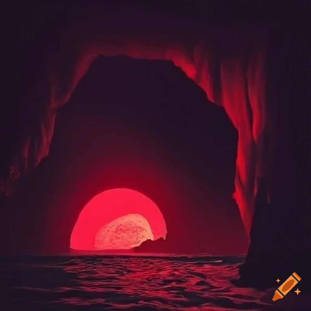 Night view of a black beach with a glowing red cave