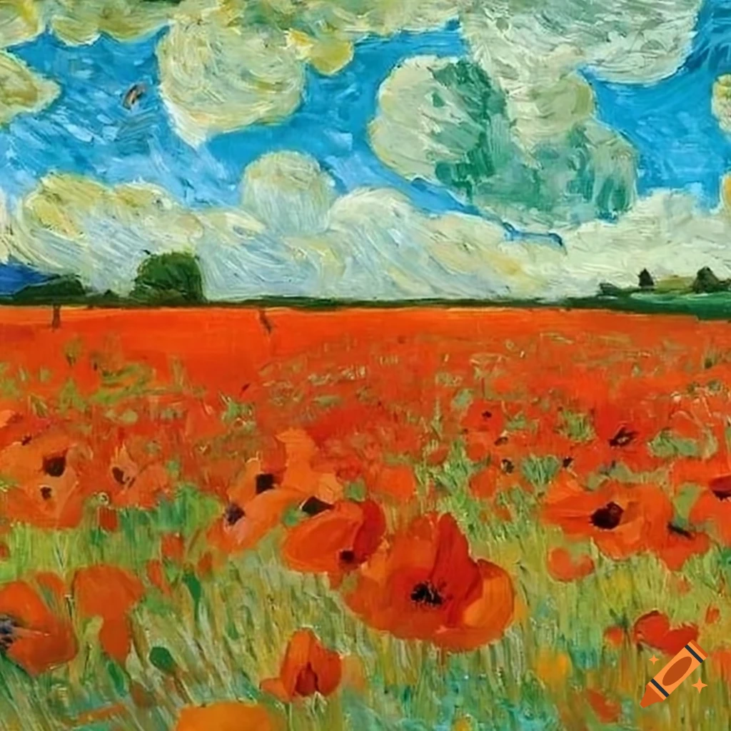 Van gogh's painting of poppy field under cloudy sky on Craiyon