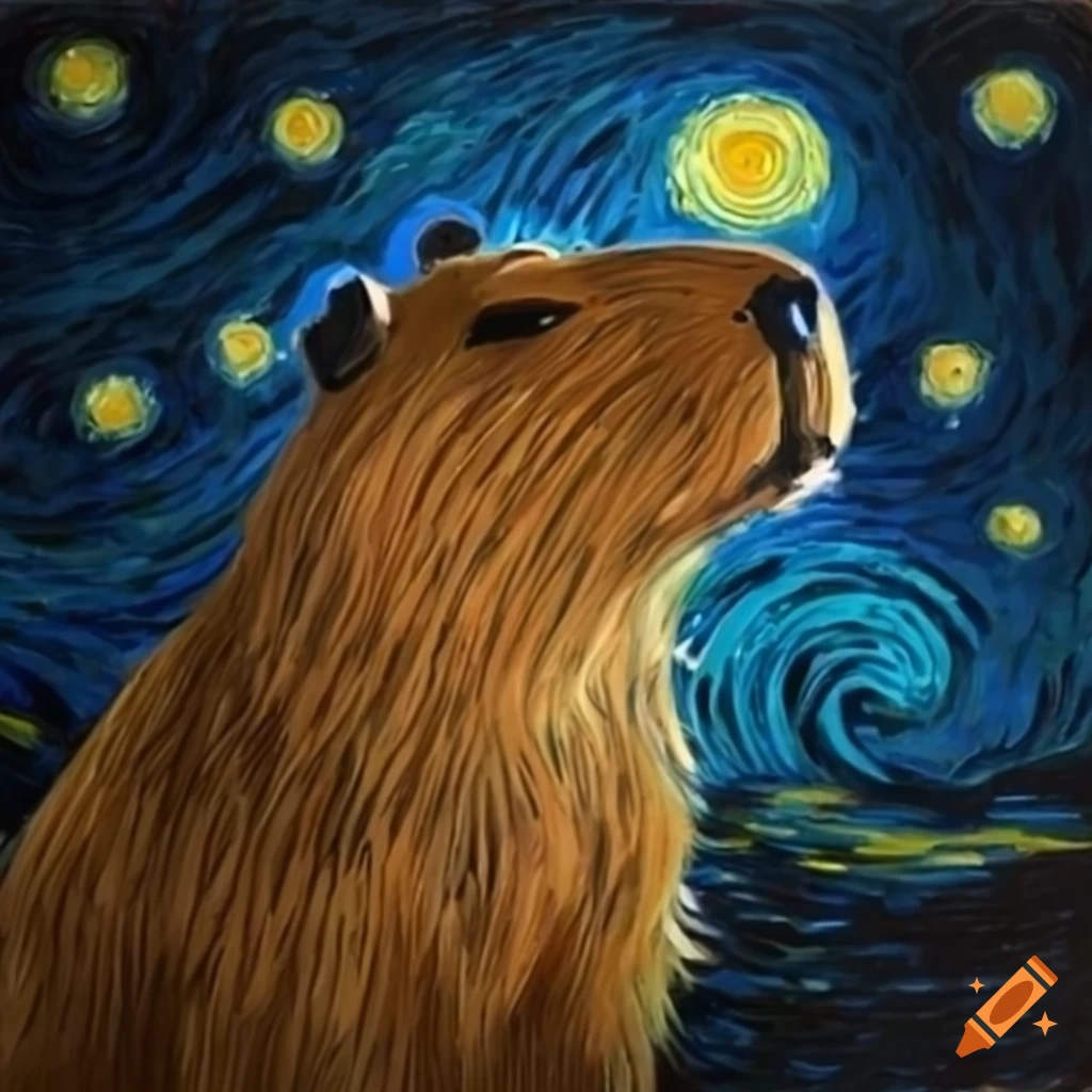 Oil painting of a Capybara inspired by Starry Night by Van Gogh on Craiyon