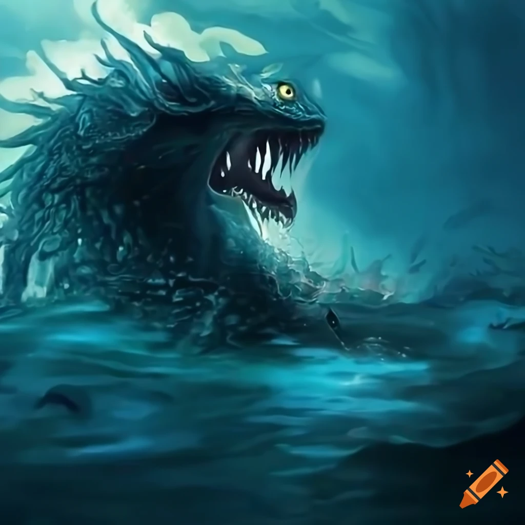 Illustration of a monster emerging from the sea on Craiyon