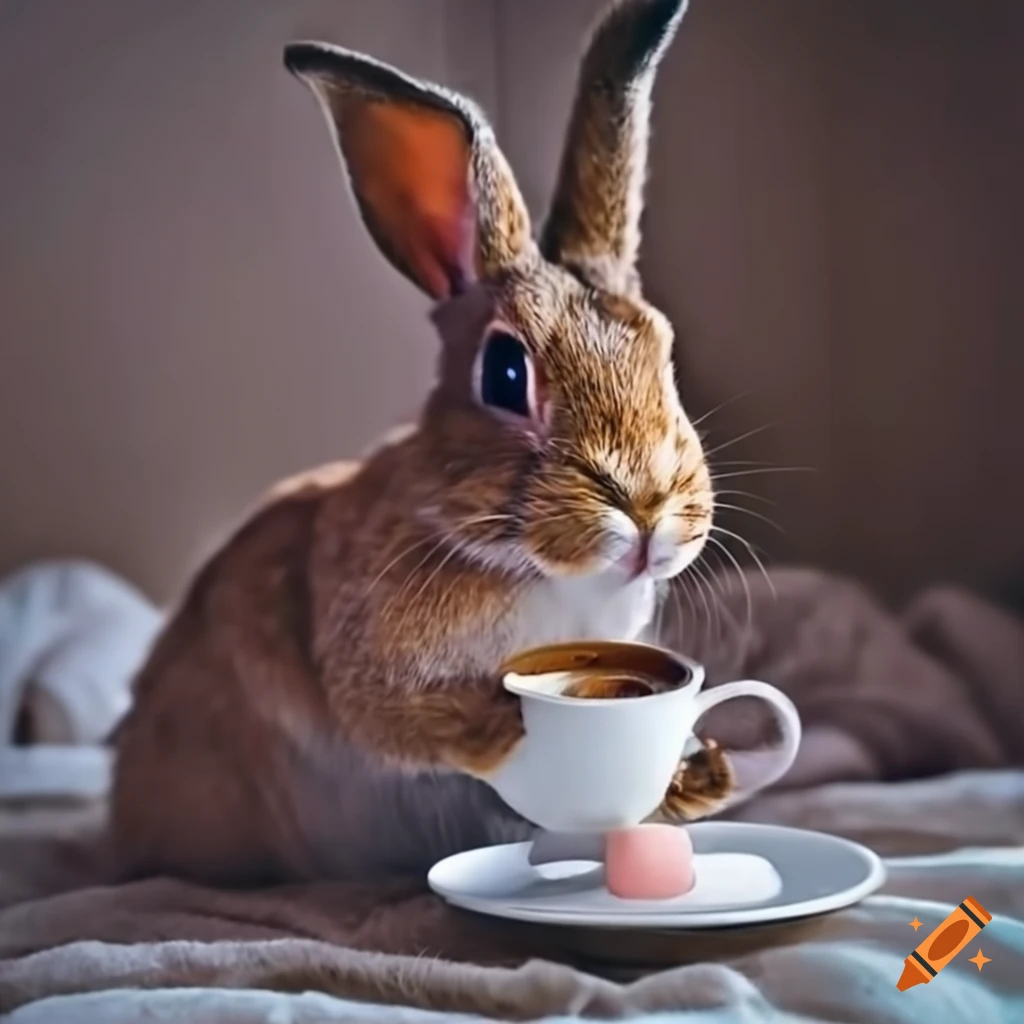 Cute rabbit enjoying a coffee in bed on Craiyon