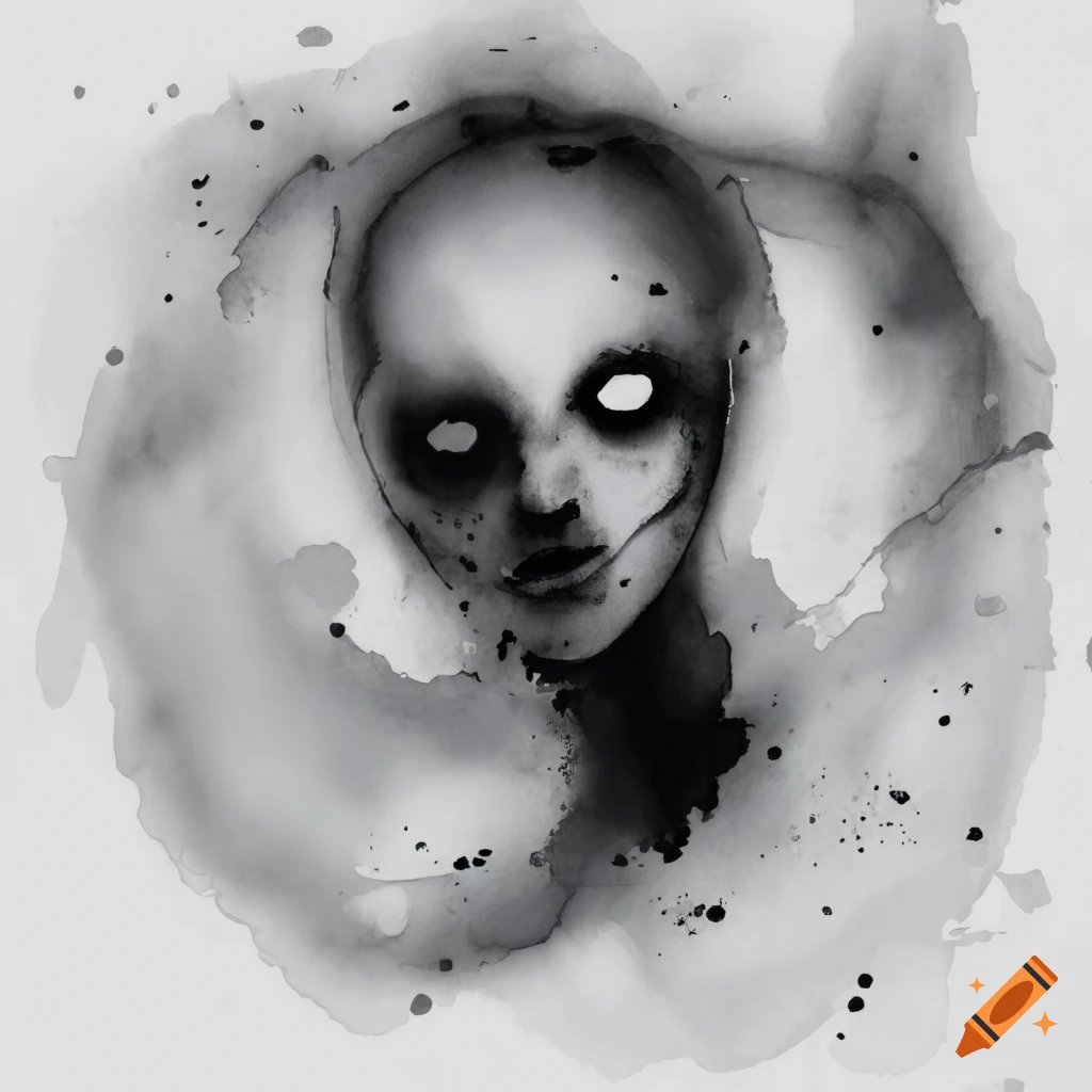 Creepy black and white watercolour painting of a floating head on Craiyon