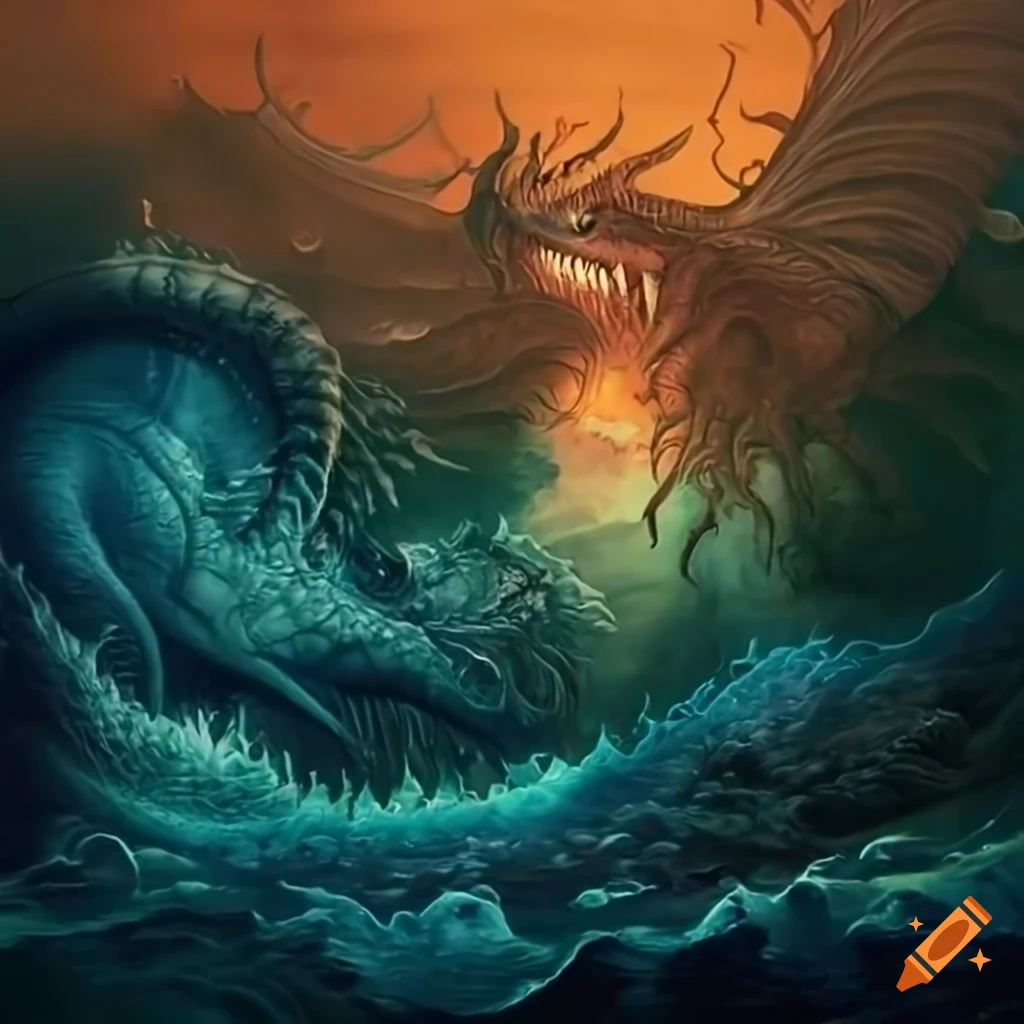 Illustration of a monster rising from the sea on Craiyon