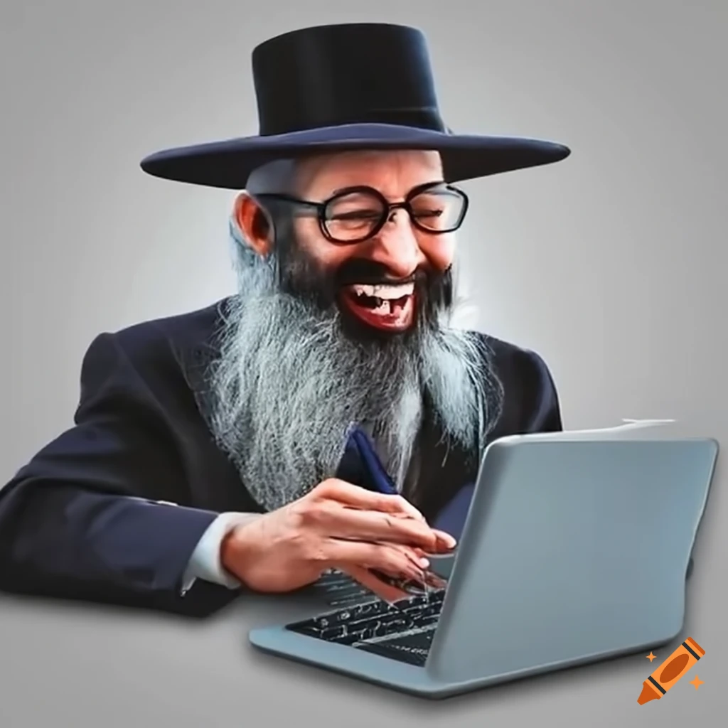 Rabbi laughing while typing on a computer on Craiyon
