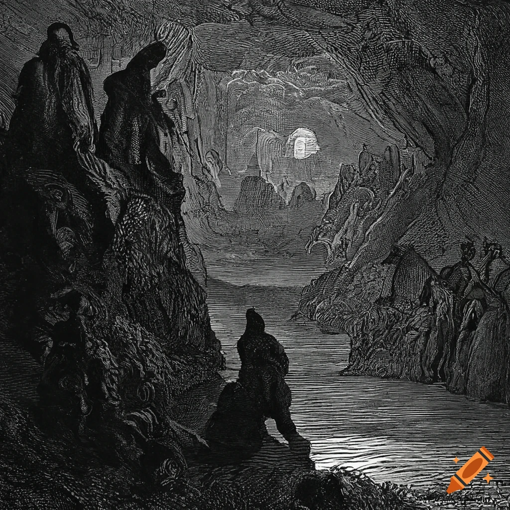 Detailed ink drawing of people on a cliff at night on Craiyon