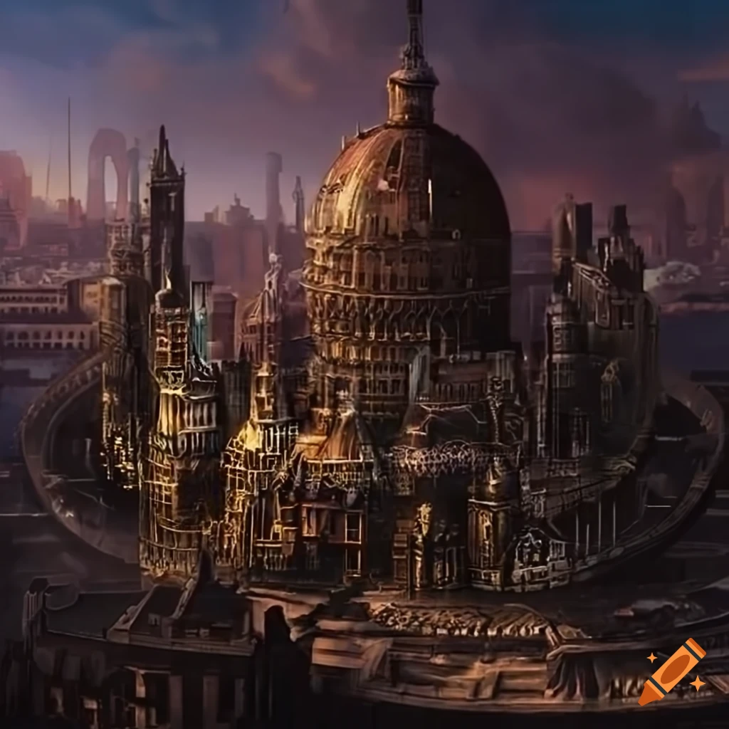 Artistic depiction of a steampunk city on Craiyon