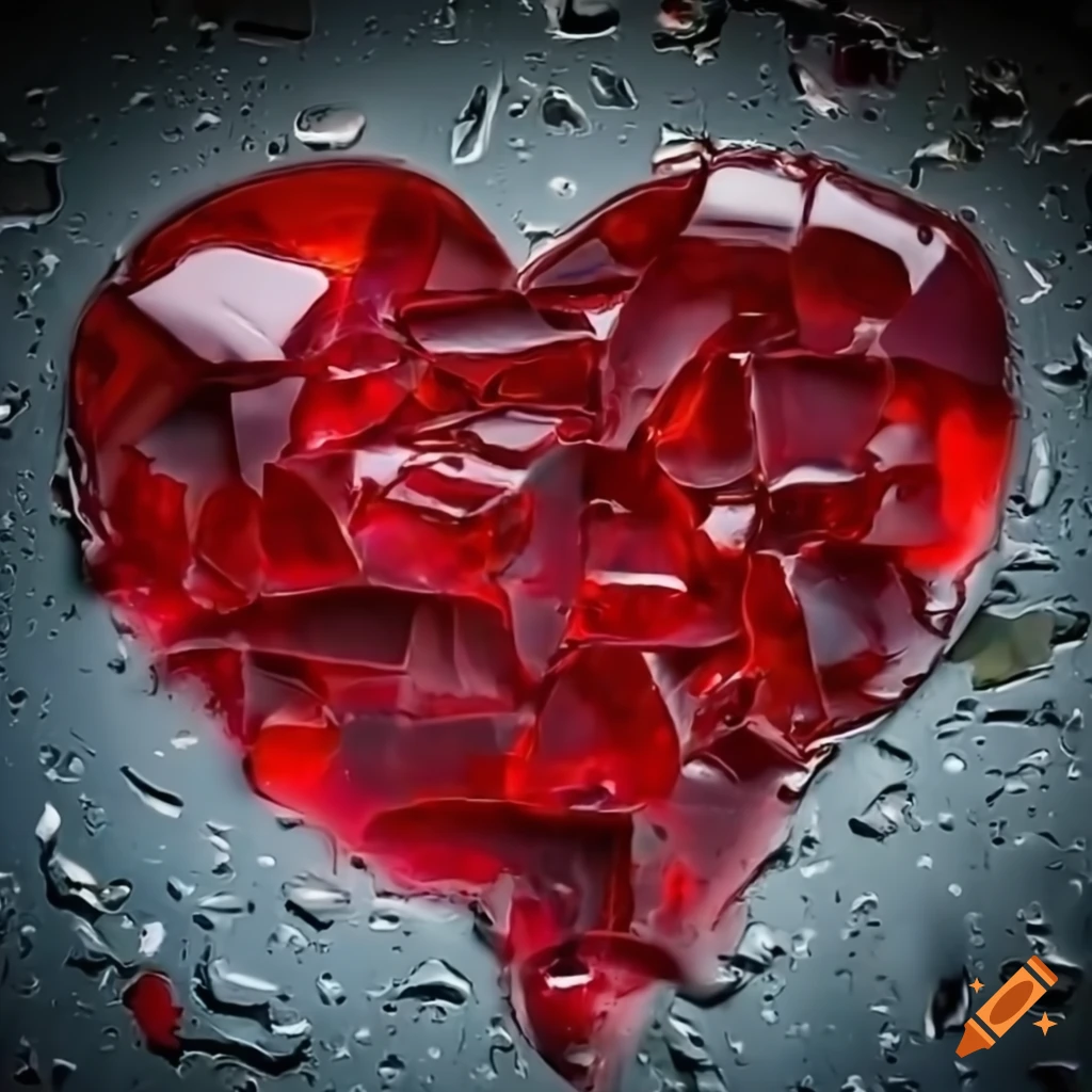 Broken red glass heart in the rain on Craiyon