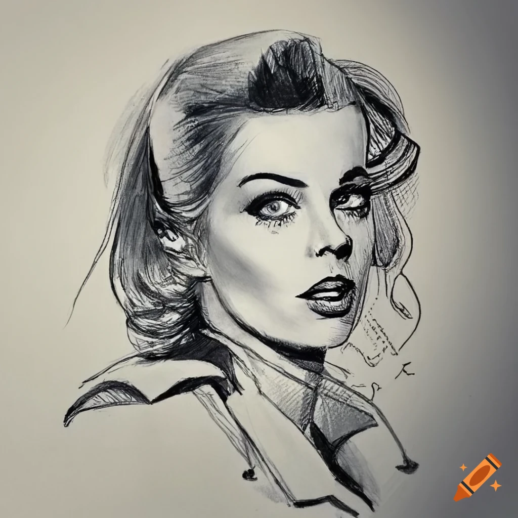 Ink drawing of a Ukrainian actress in a trenchcoat on Craiyon