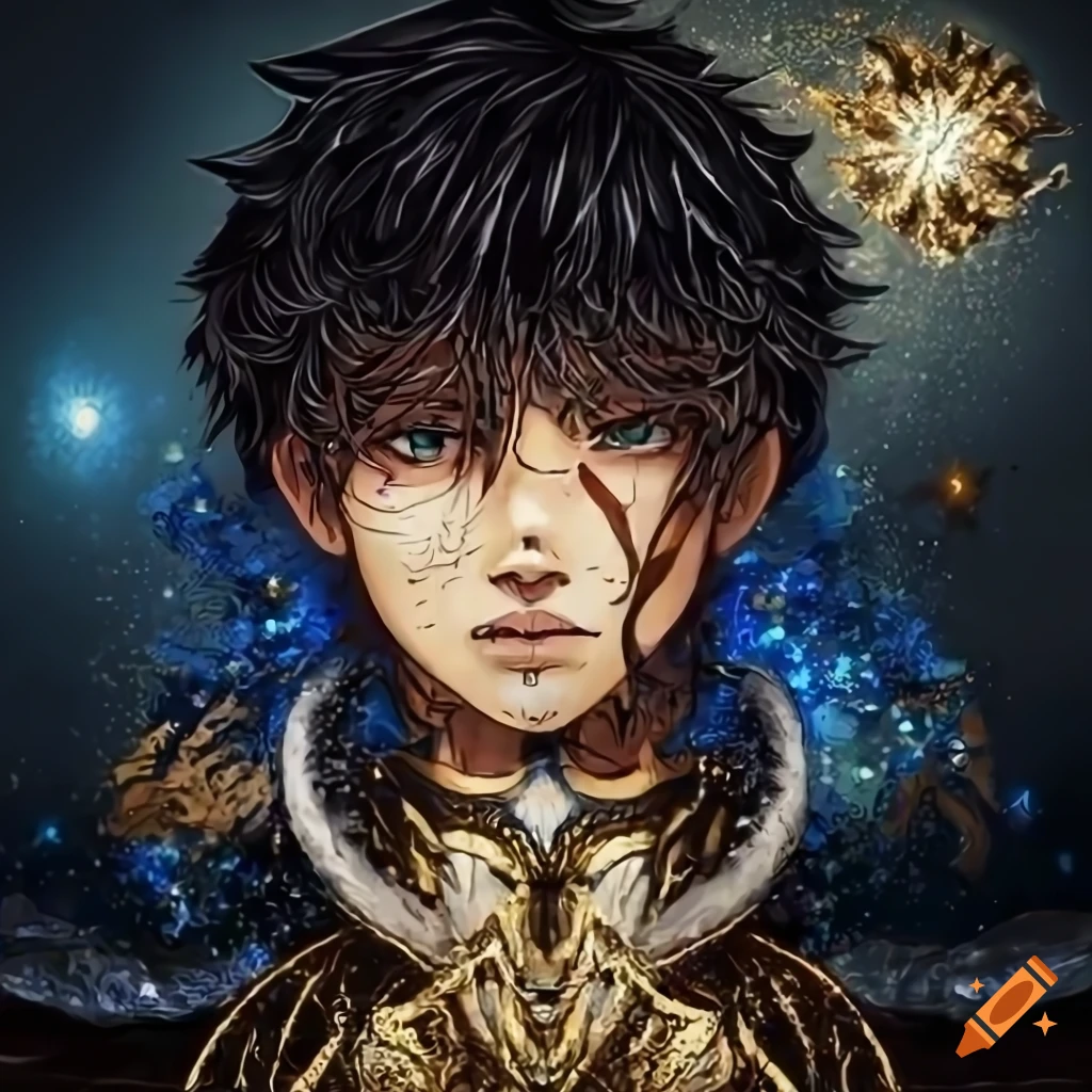 Mosaic anime art with gold and silver details on Craiyon