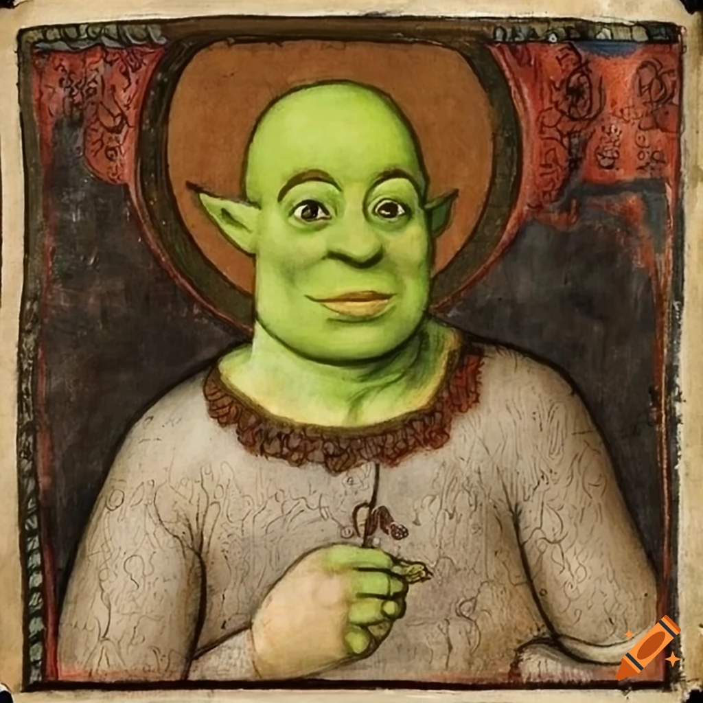 Medieval manuscript style portrait of shrek as a saint on Craiyon