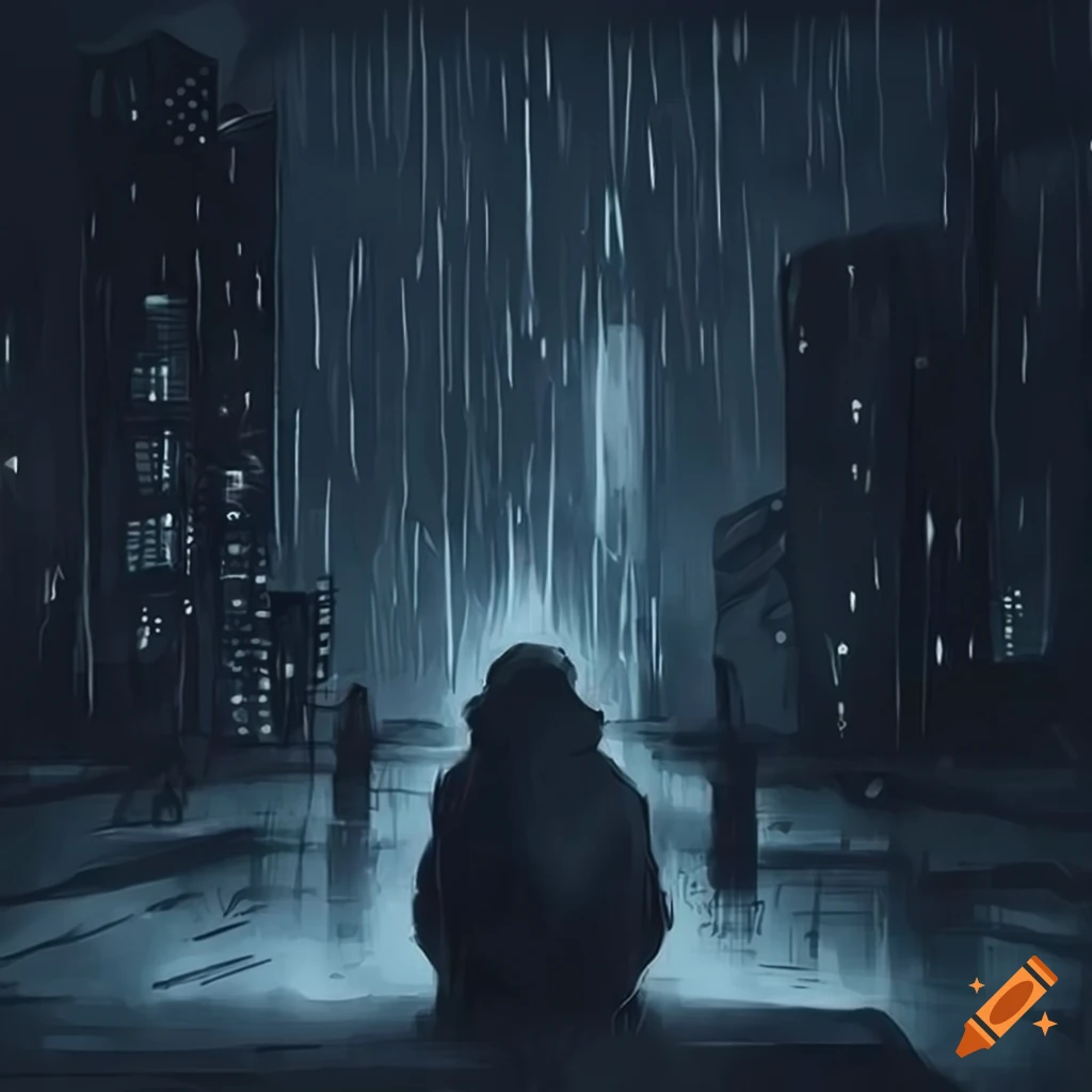 Anime-style depiction of a sad guy in a black hoodie sitting in a dark ...
