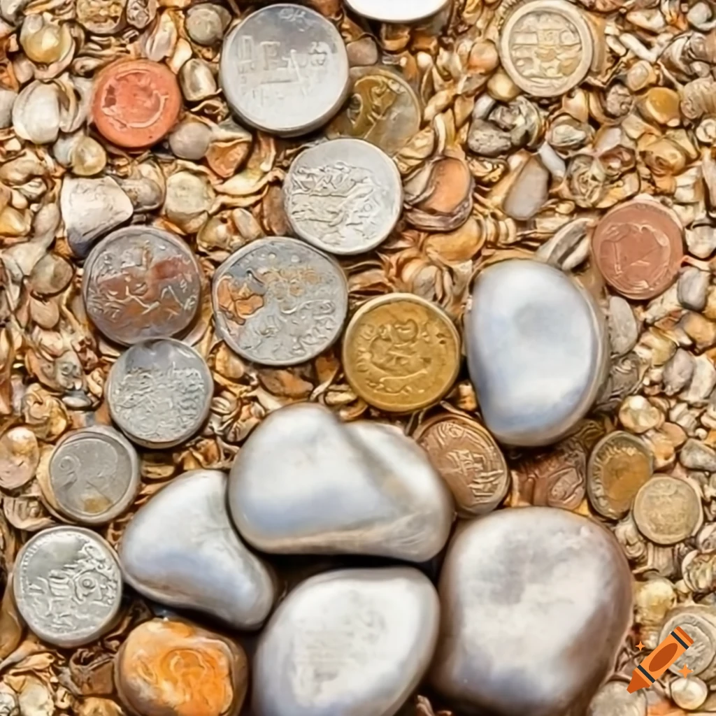 Texture of silver nuggets and old coins on the beach on Craiyon