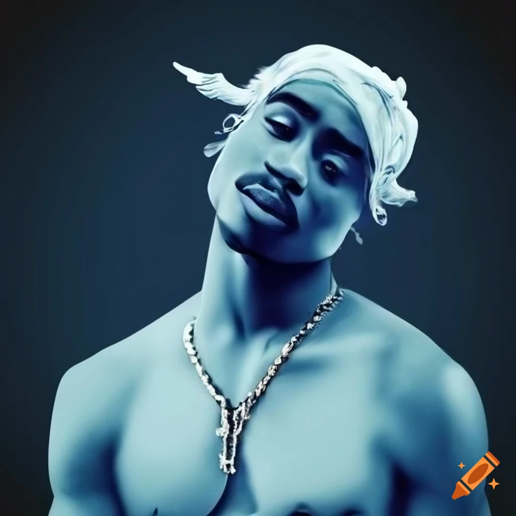 Artwork of tupac shakur as an angel on a black background on Craiyon