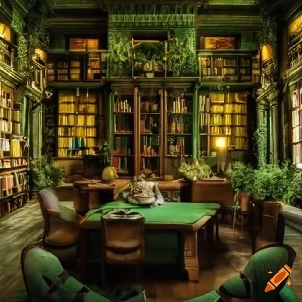 Cozy library with green vines and couches on Craiyon