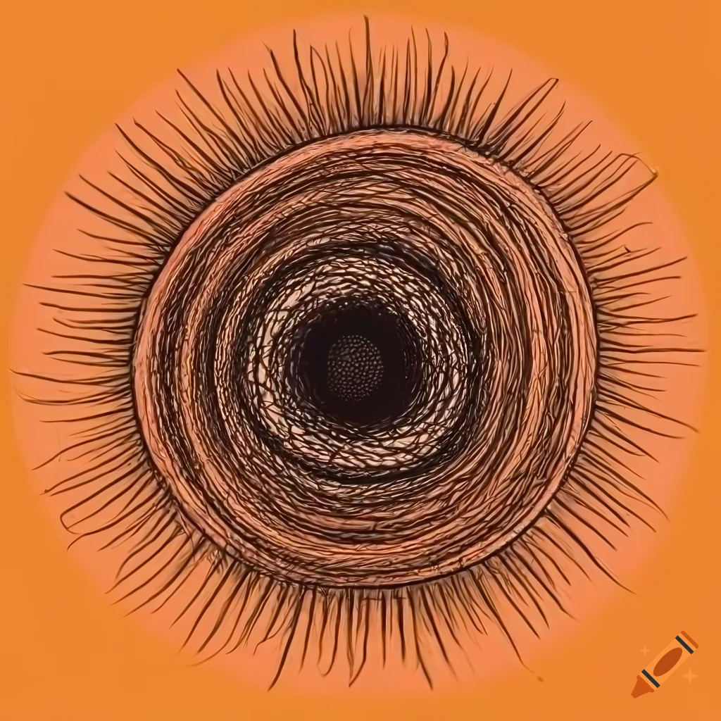 Close-up of a plant seed with concentric circles and rays on orange ...