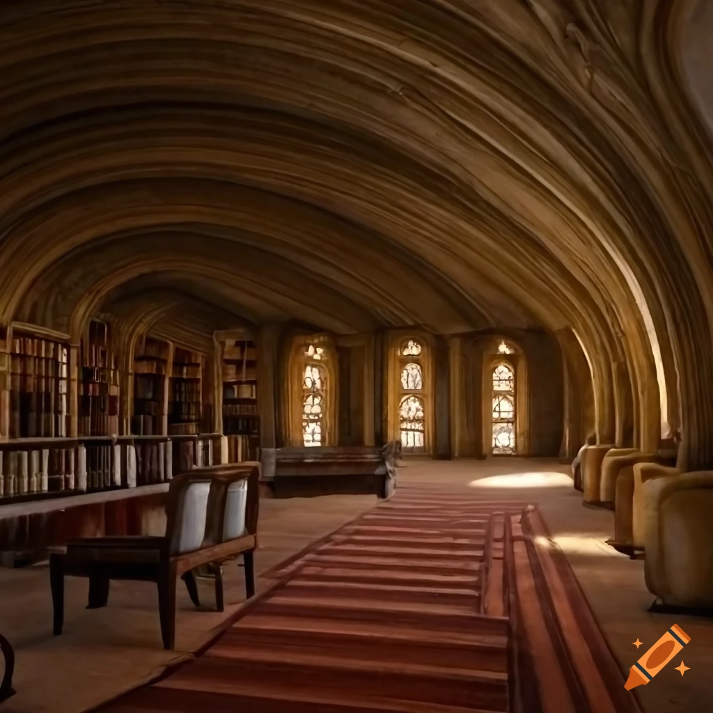 Interior of ancient library with celestial sky light on Craiyon